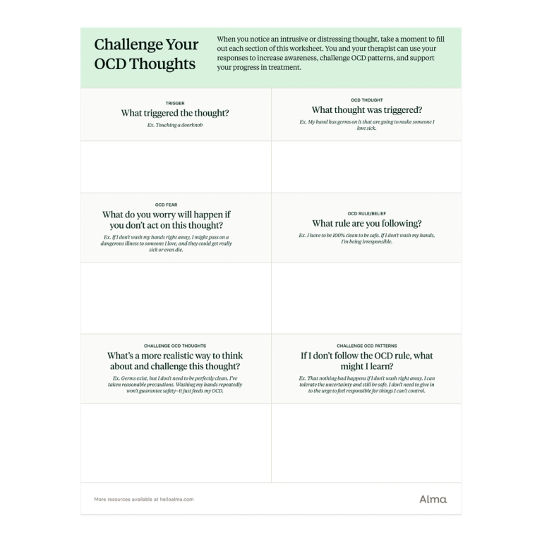 Challenge Intrusive Thoughts: OCD Worksheet — Alma