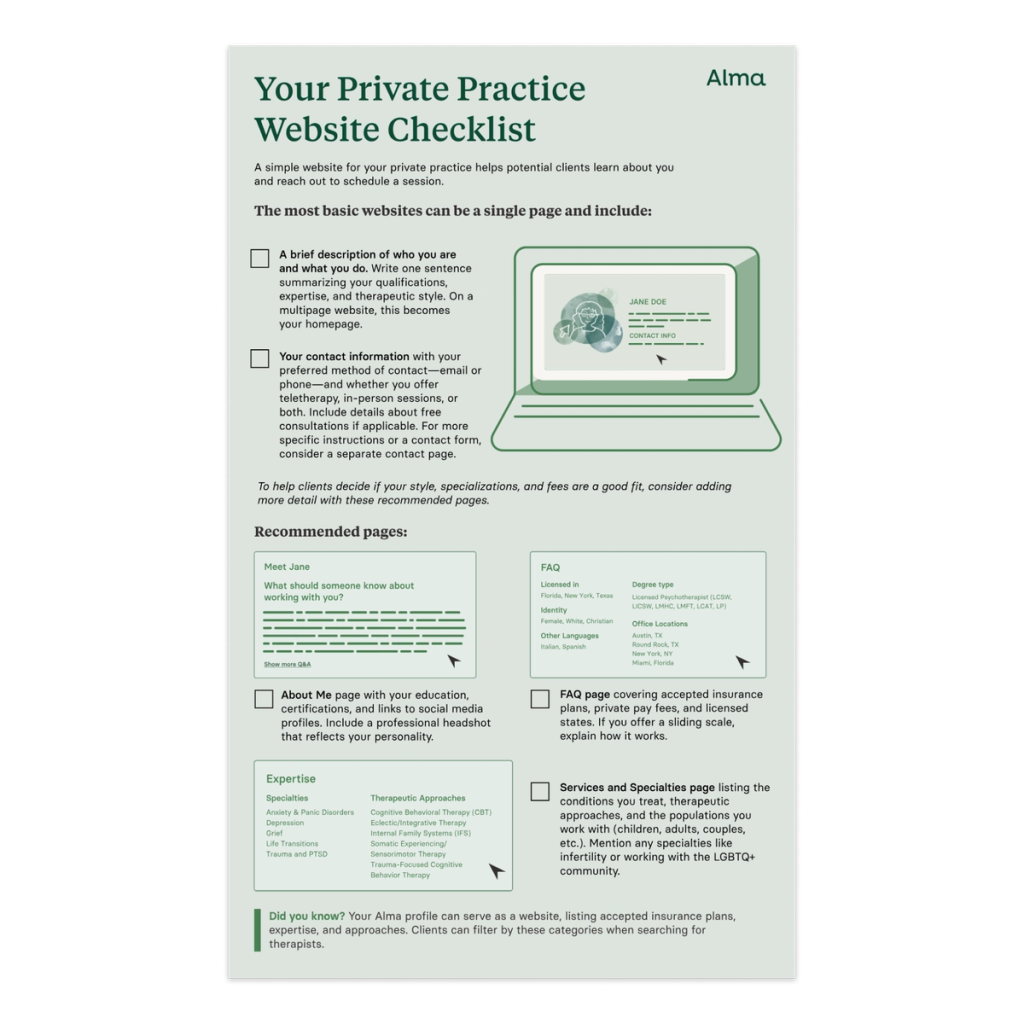 Private Practice Website Optimization Checklist — Alma