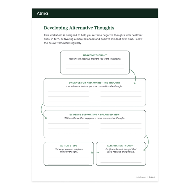 Developing Alternative Thoughts | CBT Worksheet — Alma
