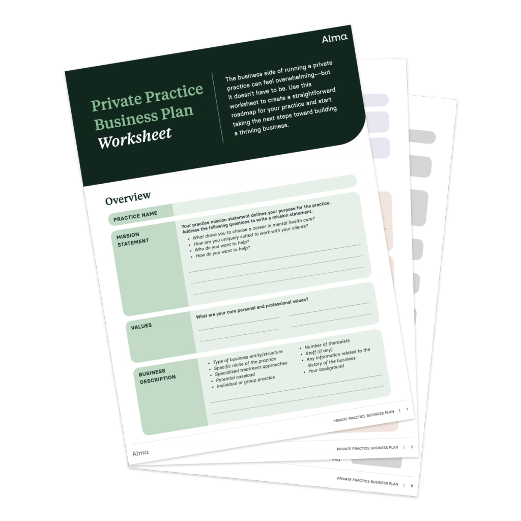Private Practice Business Plan Worksheet for Therapists — Alma