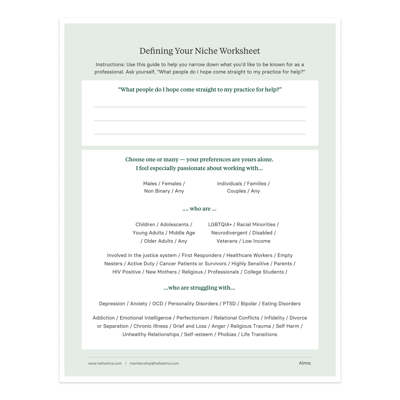 Defining Your Niche Worksheet for Clinicians — Alma