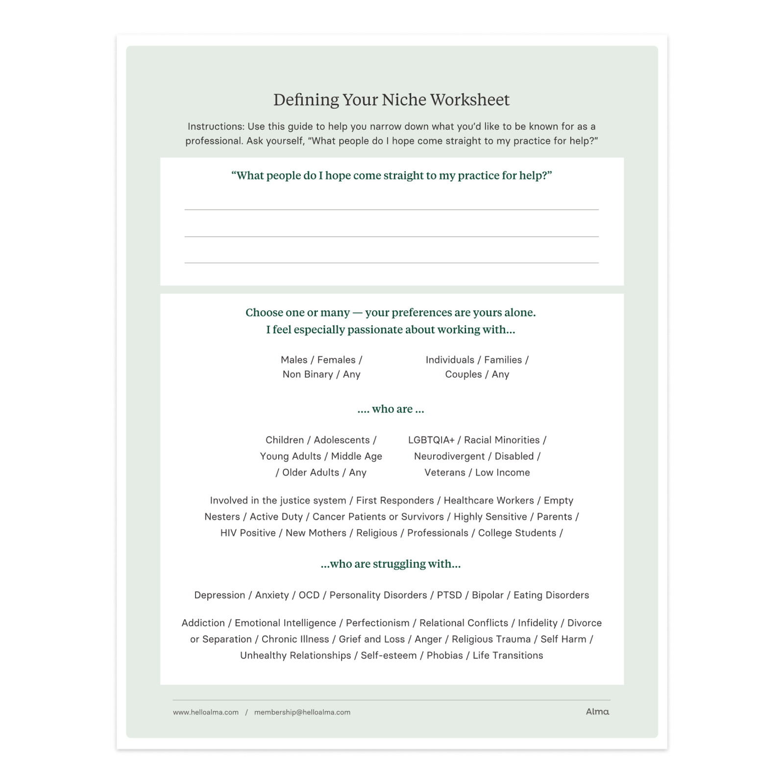 Defining Your Niche Worksheet for Clinicians — Alma