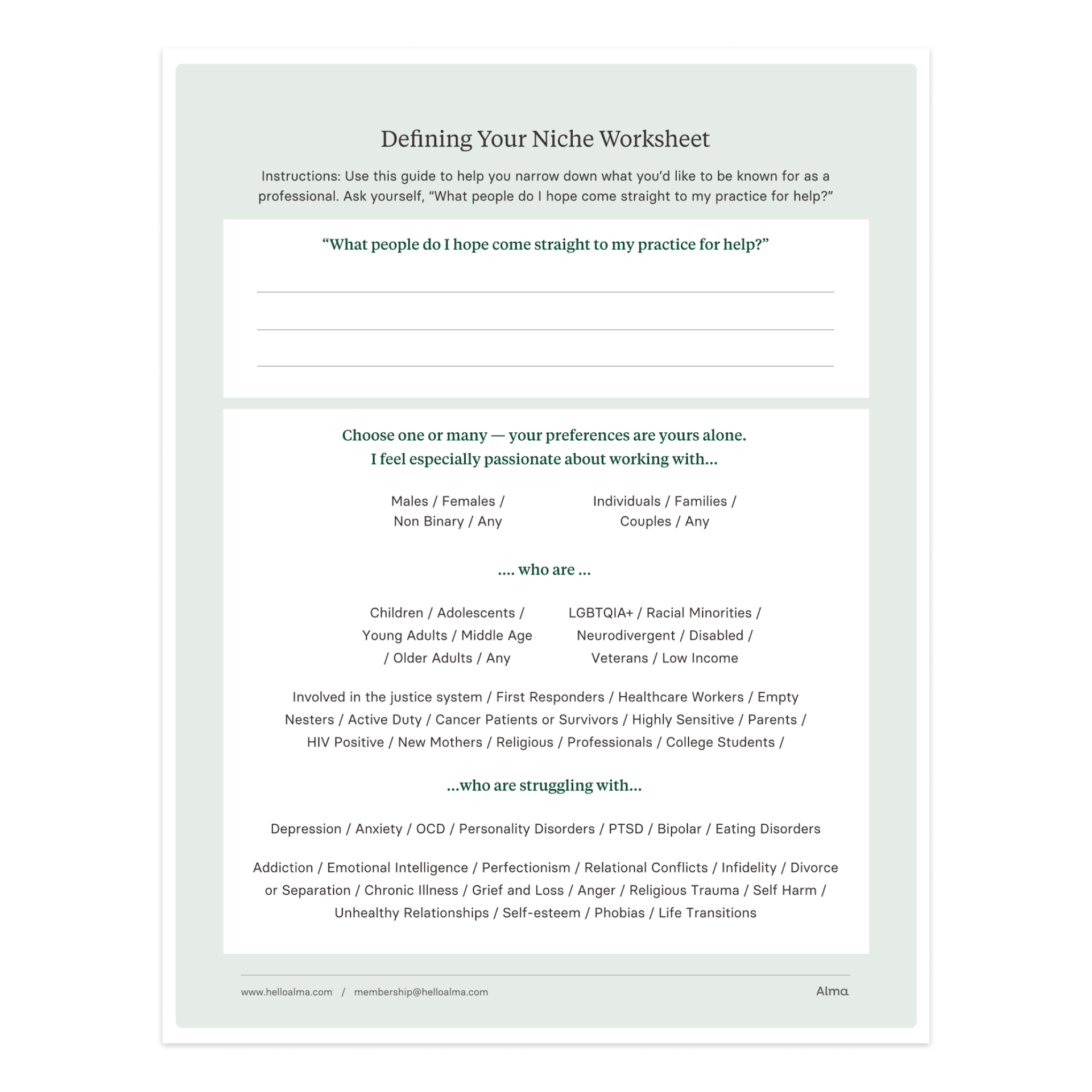 Defining Your Niche Worksheet for Clinicians — Alma