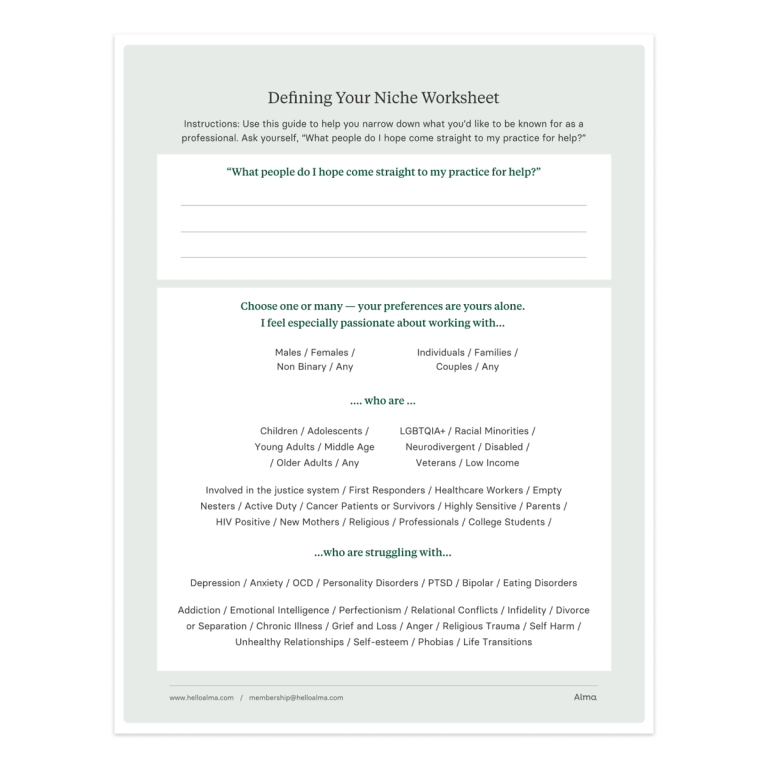 Defining Your Niche Worksheet for Clinicians — Alma