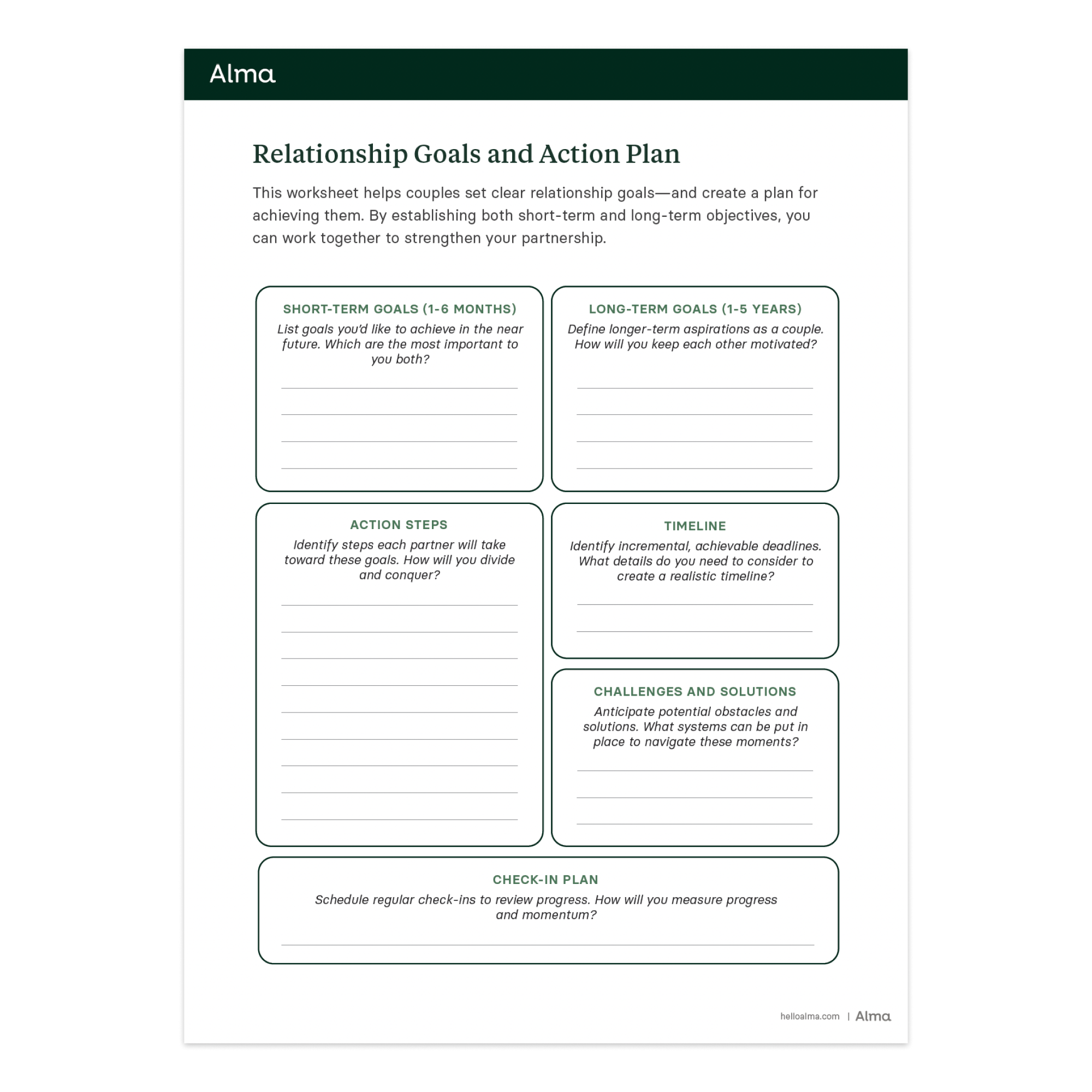 Relationship Goals and Action Plan Worksheet for Couples — Alma