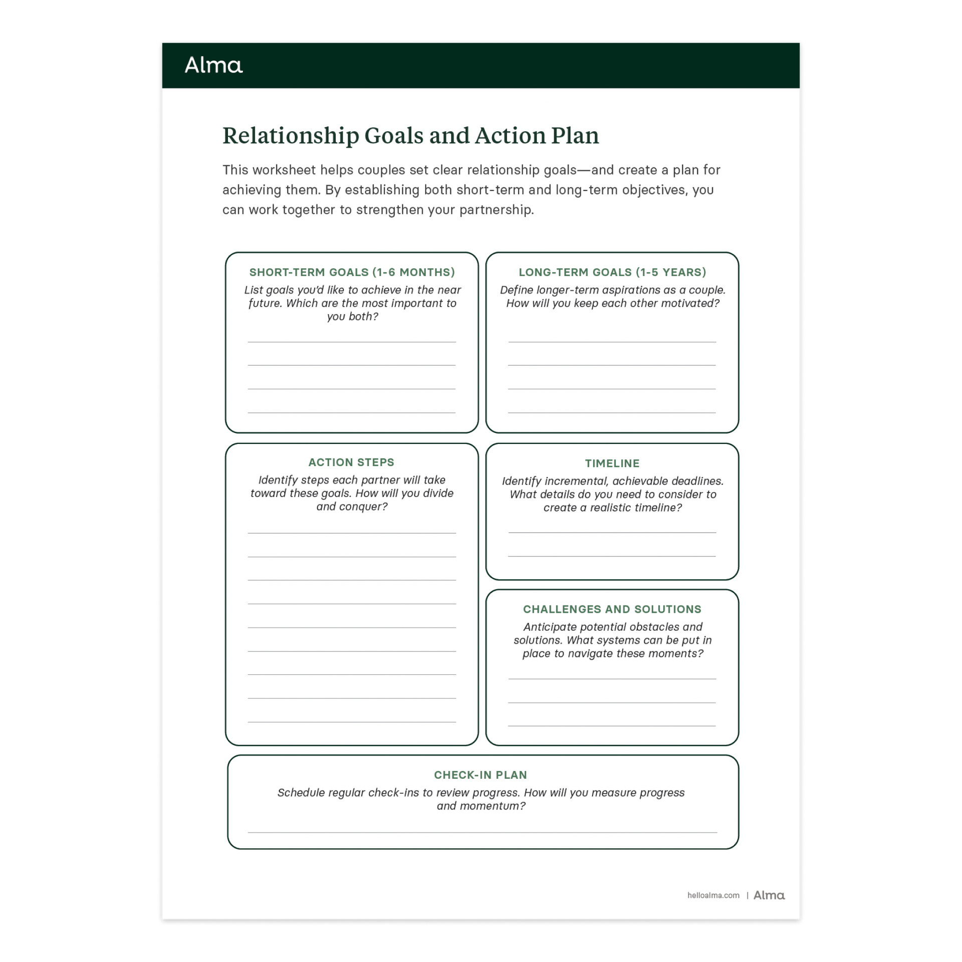 Couples Counseling Communication Check-in Worksheet — Alma