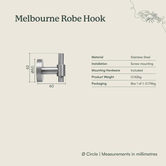 Melbourne Robe Hook Brushed Brass | Yabby