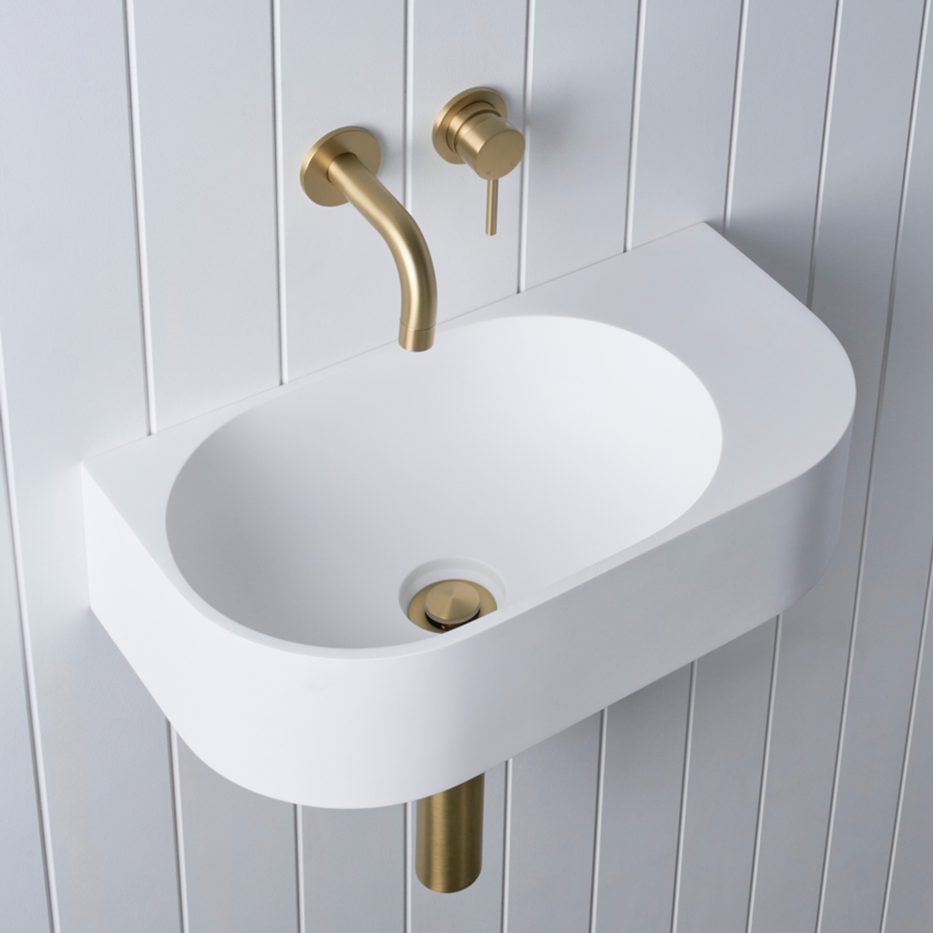 Wall Hung Basin with Wall Mixer Set Brushed Brass | TileCloud