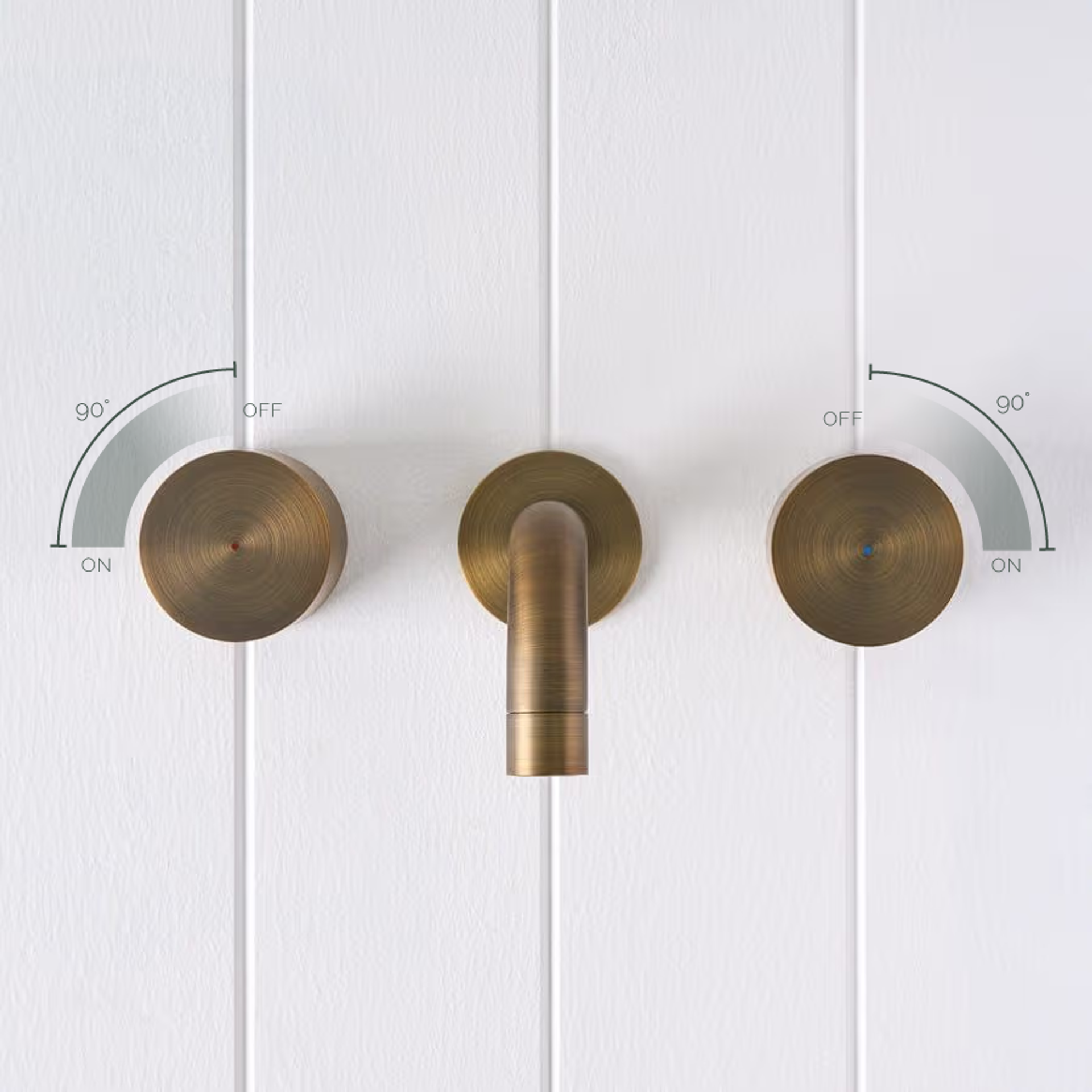 Sydney Wall Spout + Round Wall Taps Antique Brass | Yabby
