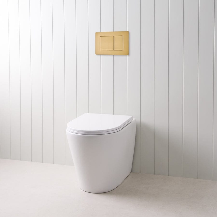 Angled In-Wall Toilet With Rectangle Brushed Brass Buttons | Yabby