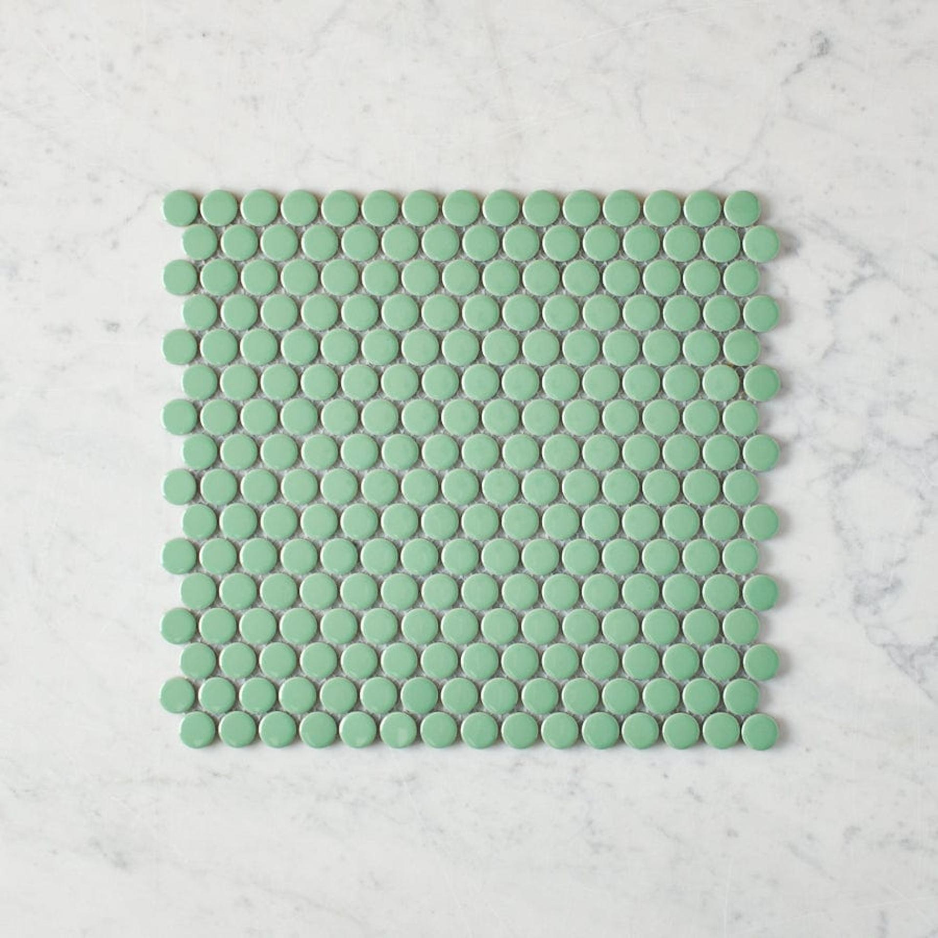 Broadwater Green Gloss Penny Round Mosaic Tile | TileCloud