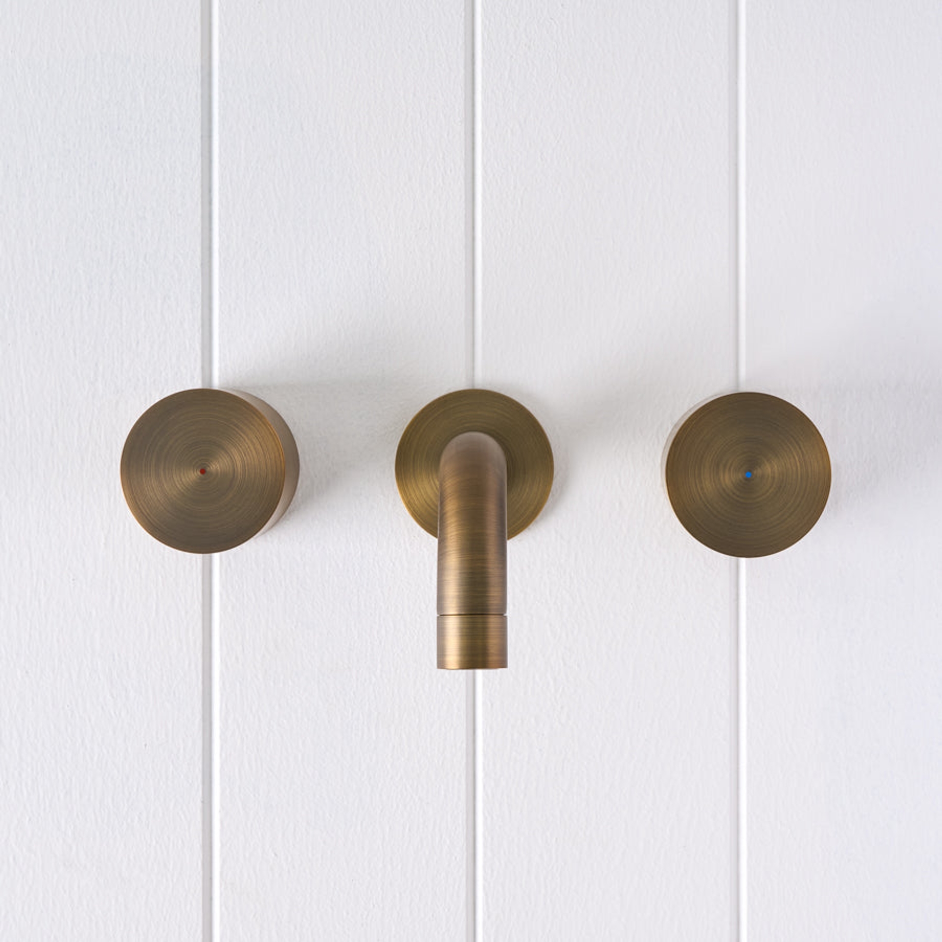 Sydney Wall Spout + Round Wall Taps Antique Brass | Yabby