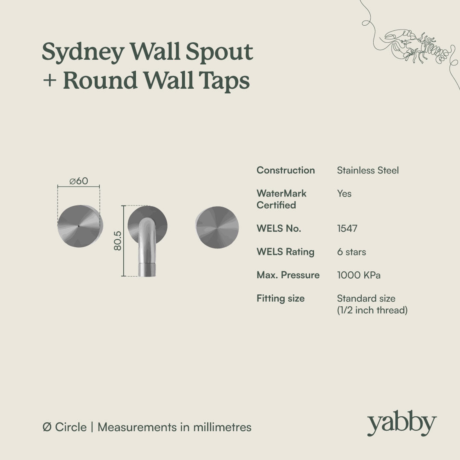 Wall Spout + Round Wall Taps Gunmetal | Yabby