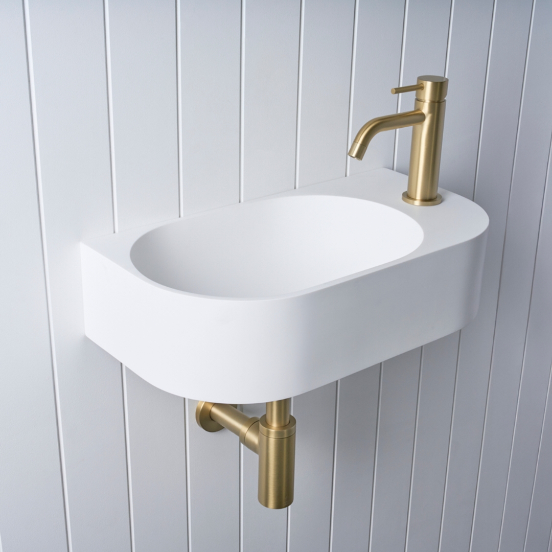 Wall Hung Basin with Short Basin Mixer Set Brushed Brass | Yabby