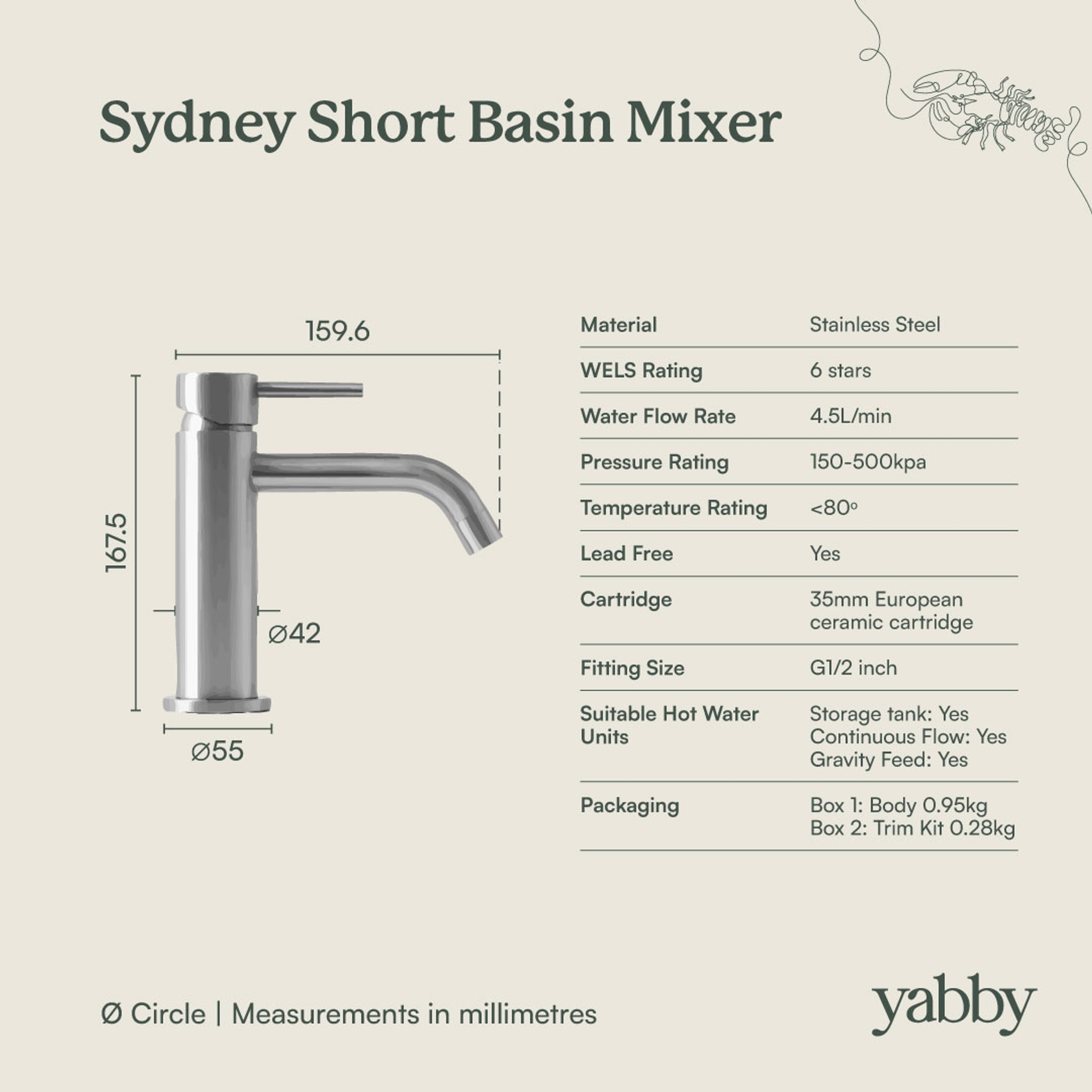 Sydney Short Basin Mixer Brushed Brass | Yabby