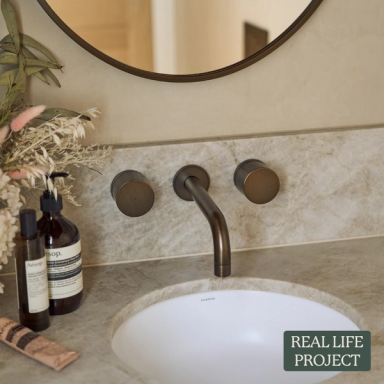 Sydney Wall Spout + Round Wall Taps Antique Brass | Yabby