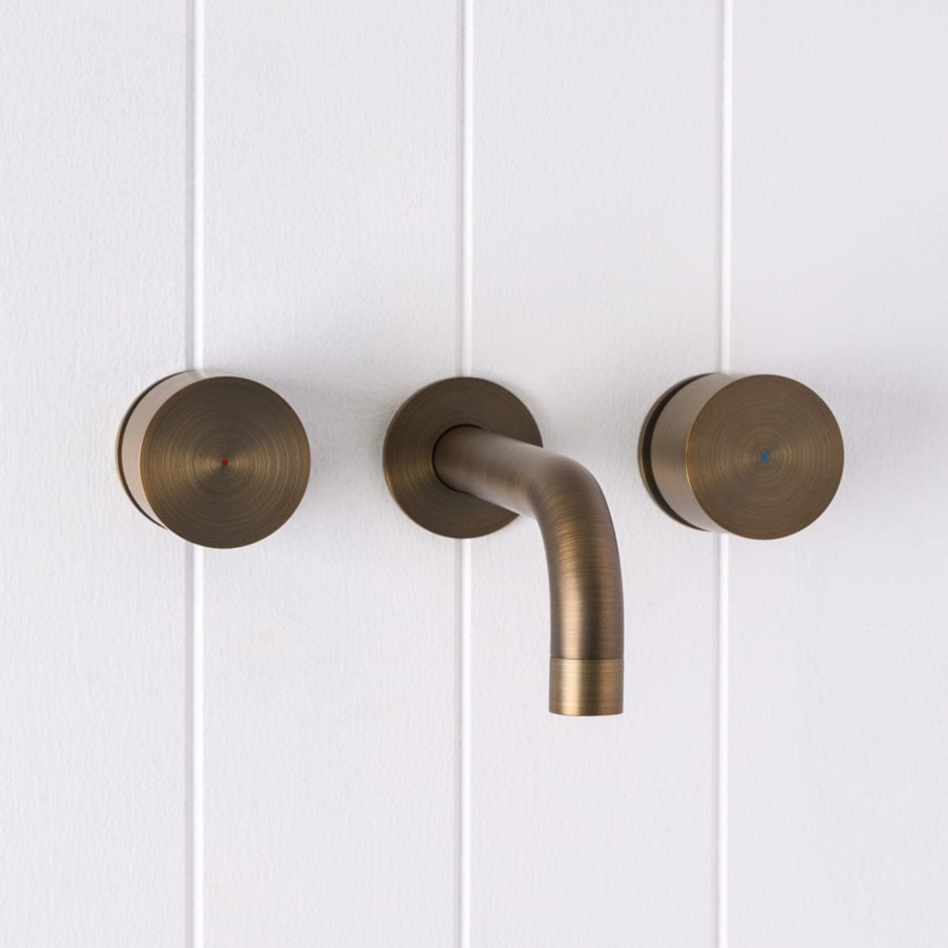 Sydney Wall Spout + Round Wall Taps Antique Brass | TileCloud