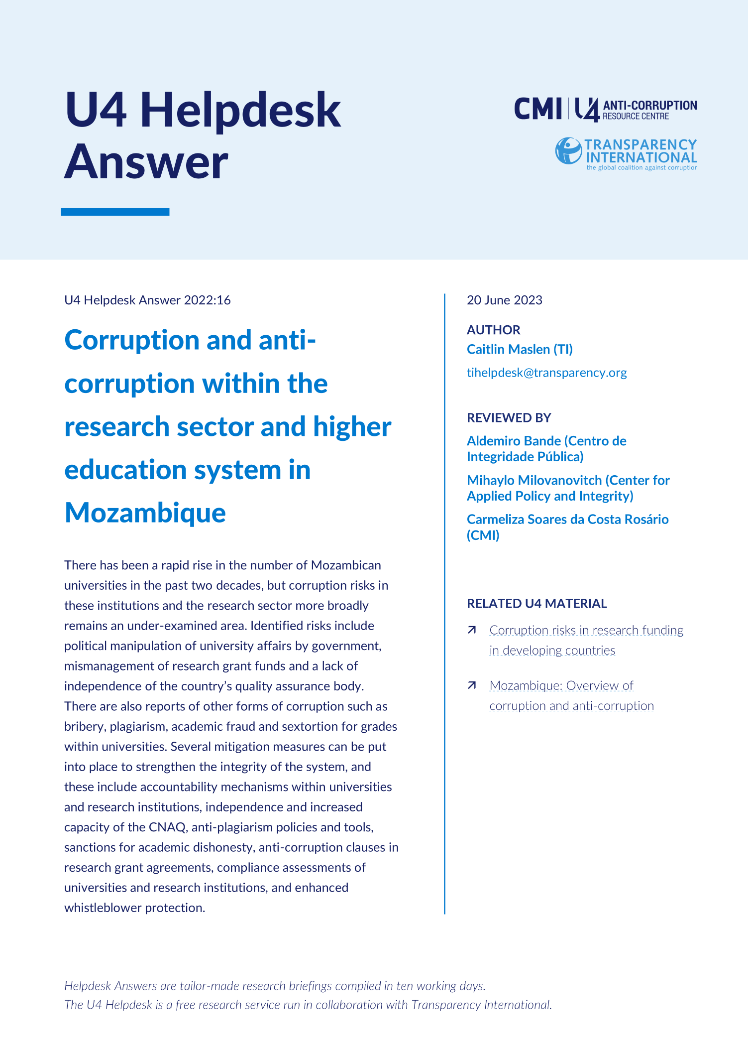 Mozambique: Corruption and anti-corruption within the research sector ...