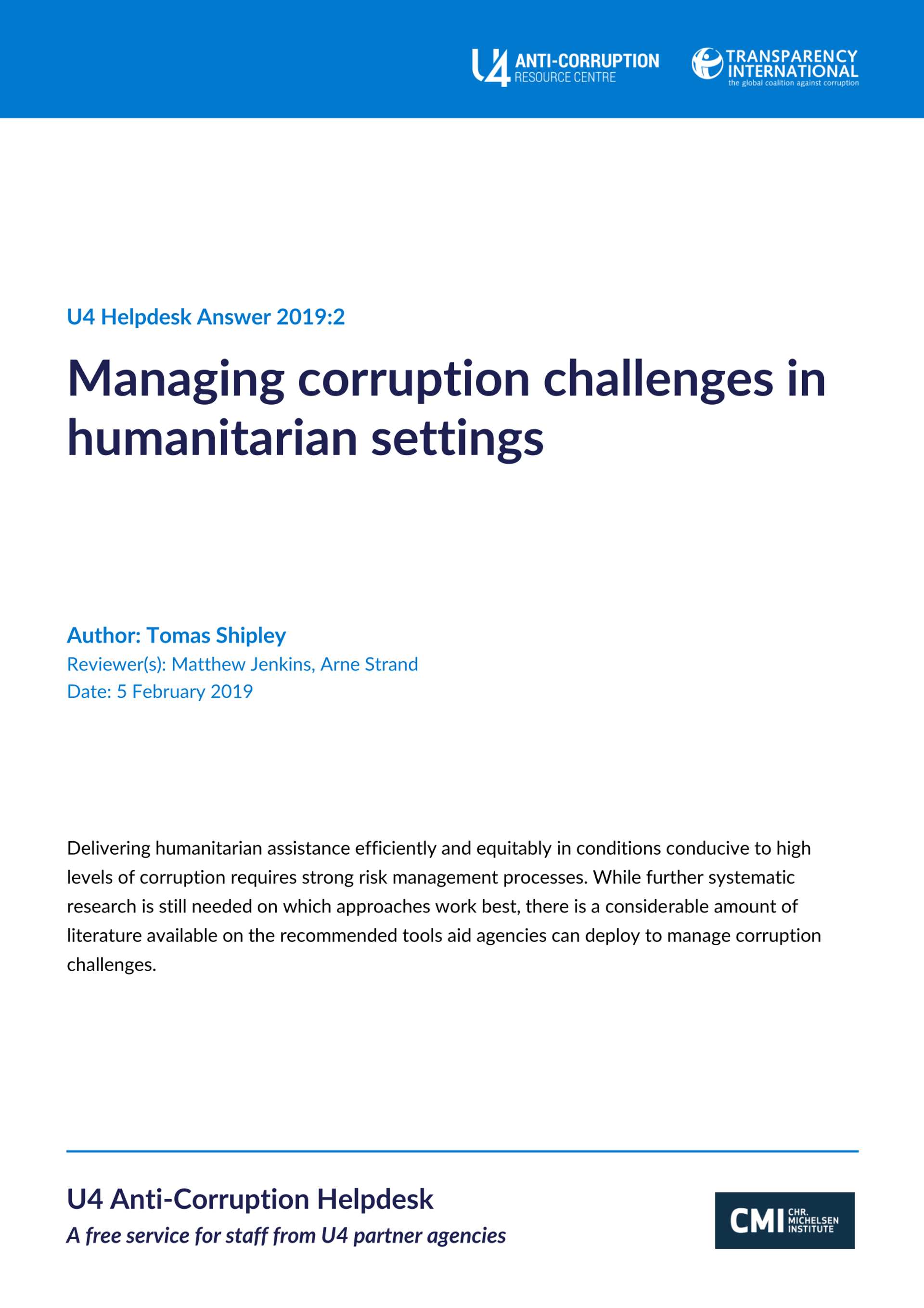 Managing corruption challenges in humanitarian settings