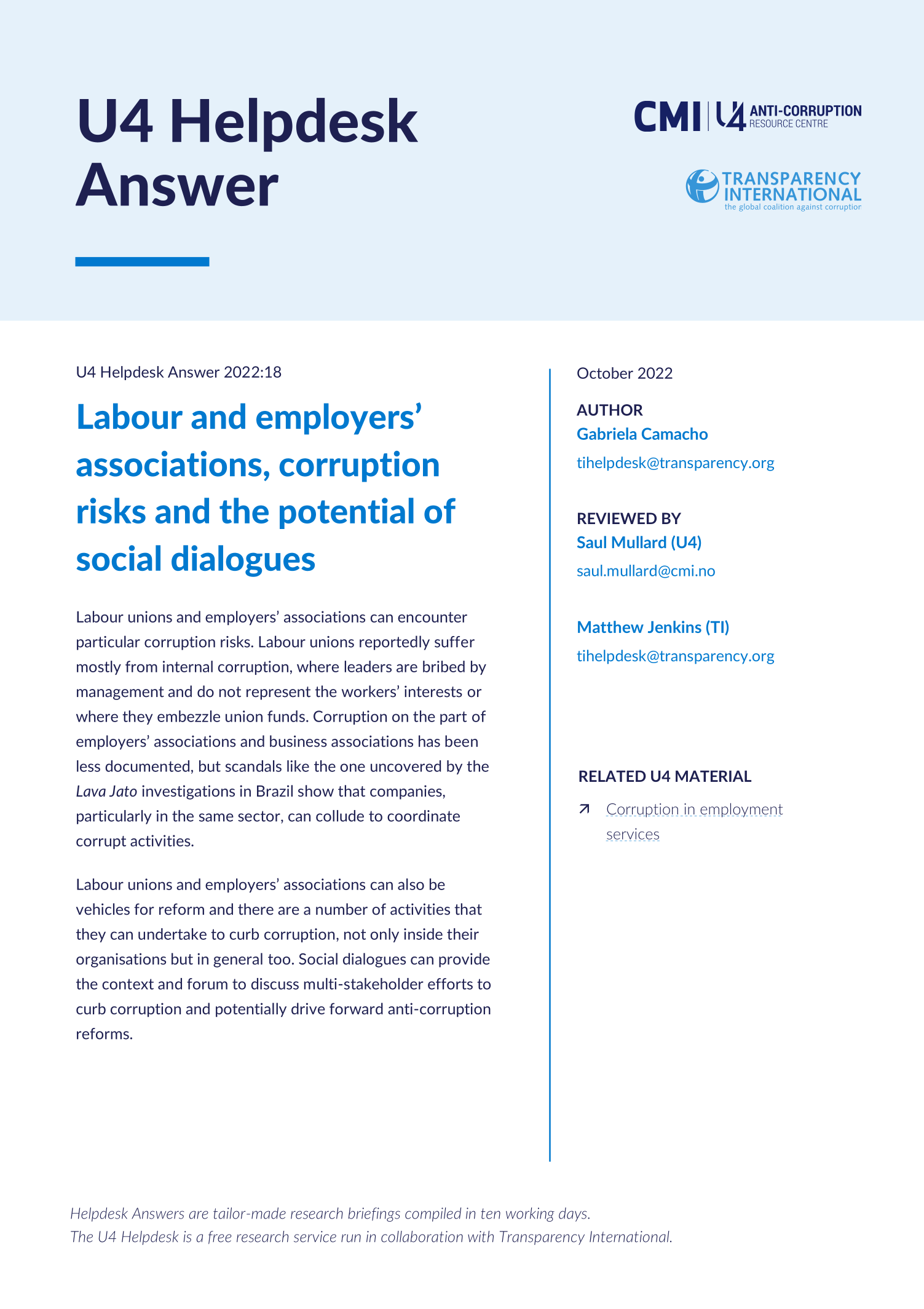 Labour and employers’ associations, corruption risks and the potential ...