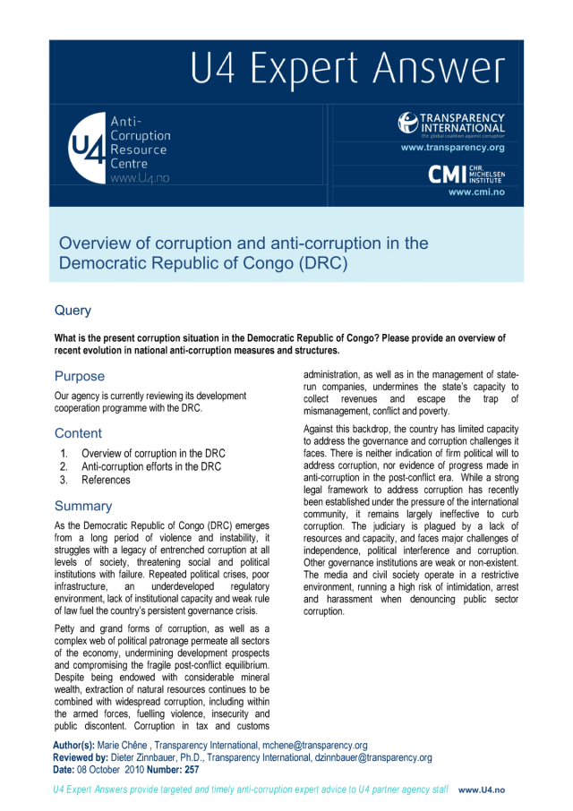 Overview of corruption and anti-corruption in the Democratic Republic ...