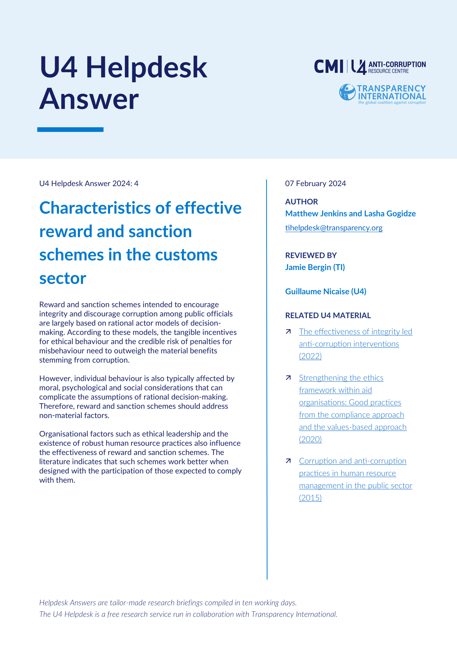 Characteristics of effective reward and sanction schemes in the customs ...