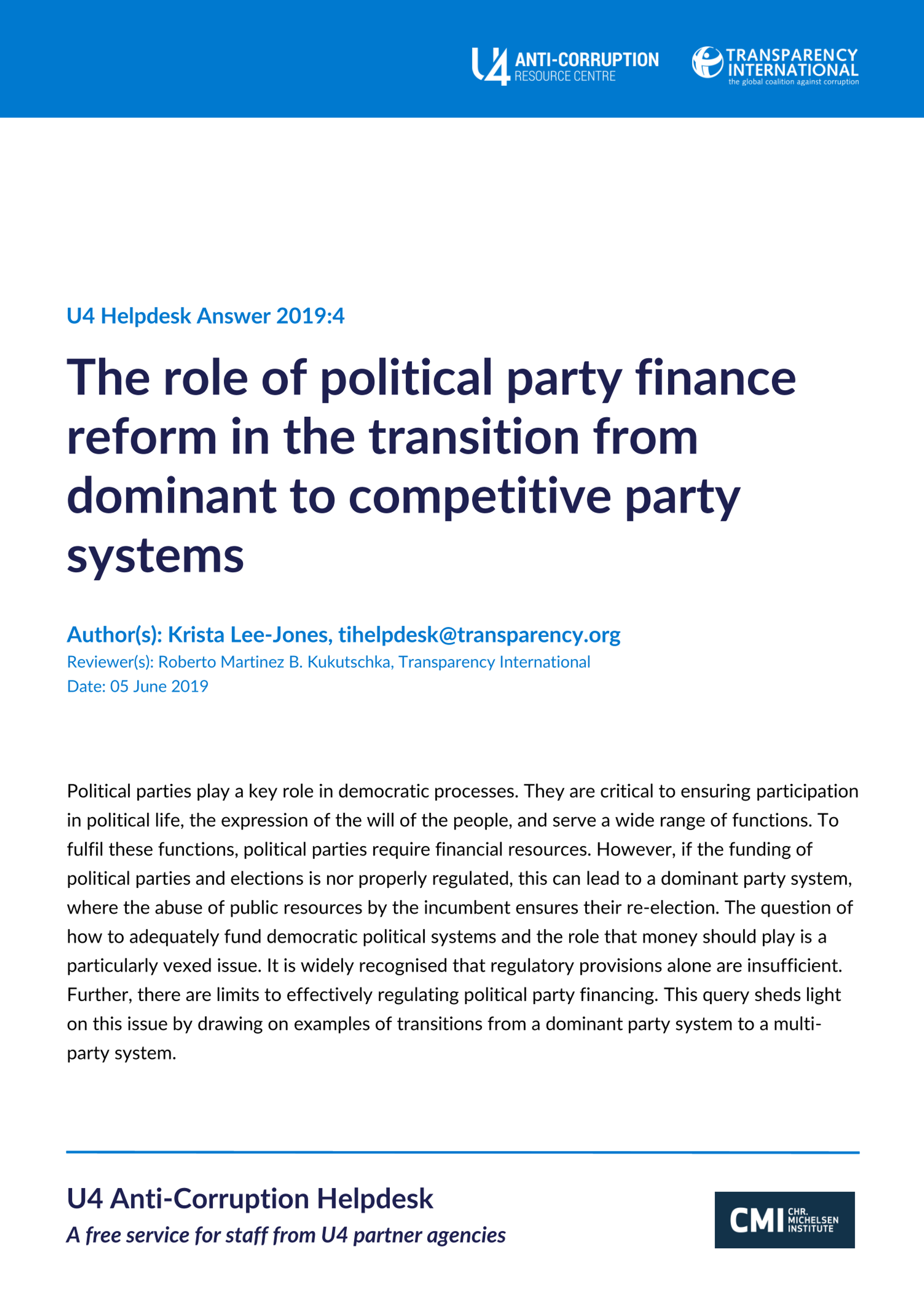 The role of political party finance reform in the transition from ...