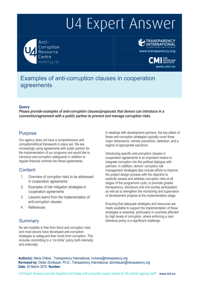 Examples Of Anti Corruption Clauses In Cooperation Agreements