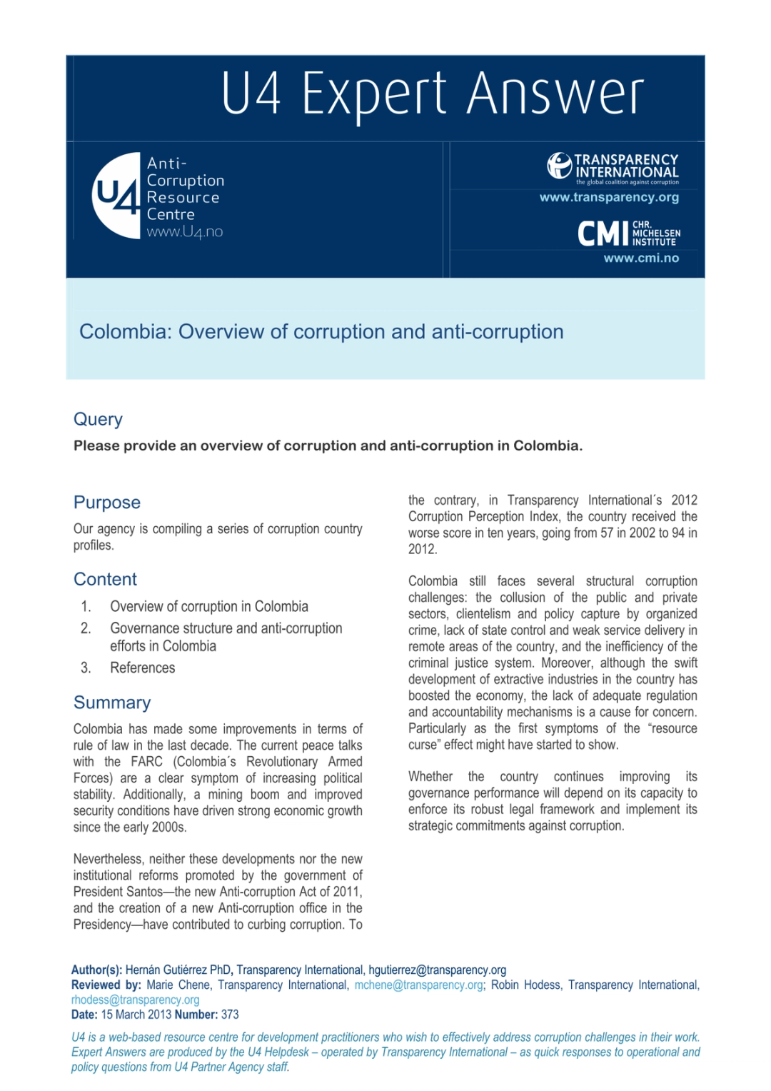 Colombia: Overview of corruption and anti-corruption