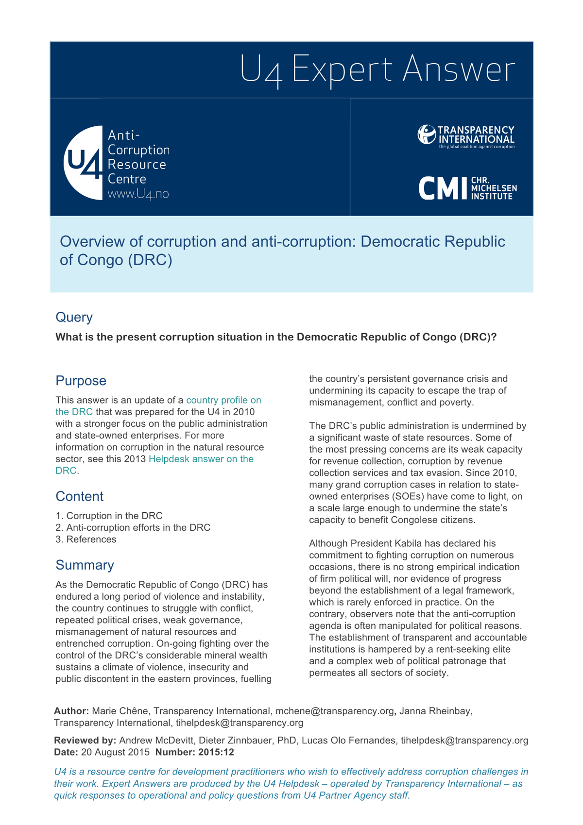 Overview of corruption and anti-­corruption: Democratic Republic of ...