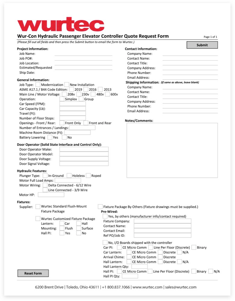 Wur-con Hydraulic Passenger Elevator Controller Quote Request Form