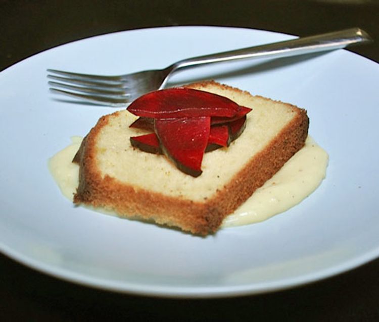 Olive Oil Cake with Olive Oil Pudding and Plums | James Beard Foundation