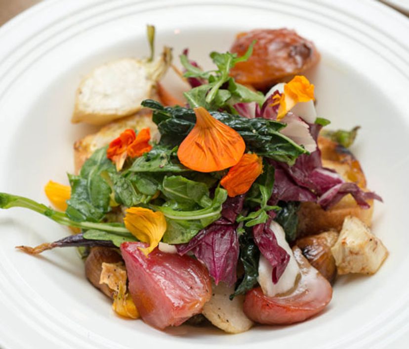 Roasted Baby Root Vegetables with Grilled Bread, Fall Greens, and Bagna ...