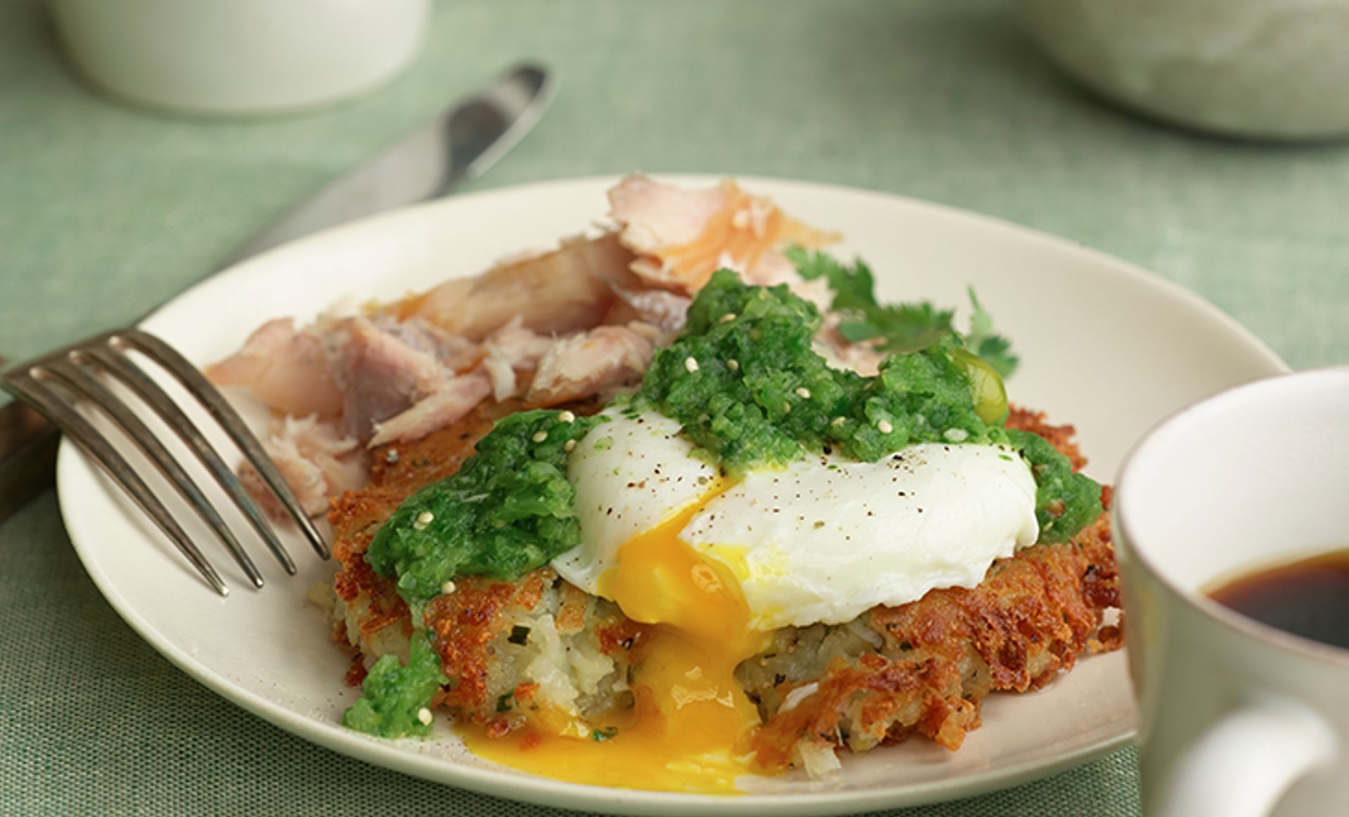Smoked Trout Hash with Poached Eggs and Tomatillo Salsa | James Beard ...