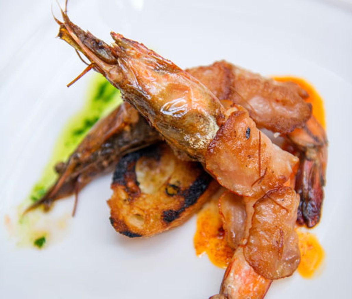 Lomo-Wrapped Shrimp with Grilled Bread, Pistou, and Smoked Paprika ...