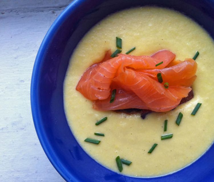 Chilled Corn Soup with Scallion Toasts and Smoked Salmon | James Beard ...