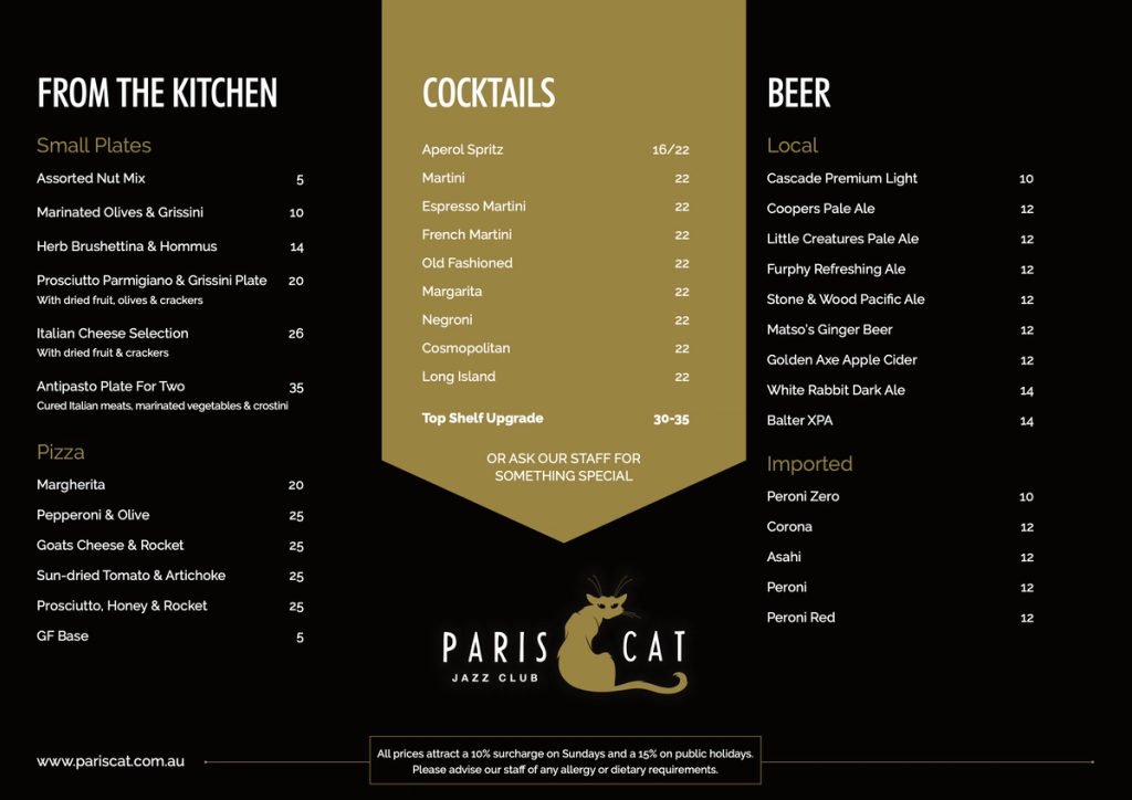 Menu | The Paris Cat Jazz Club