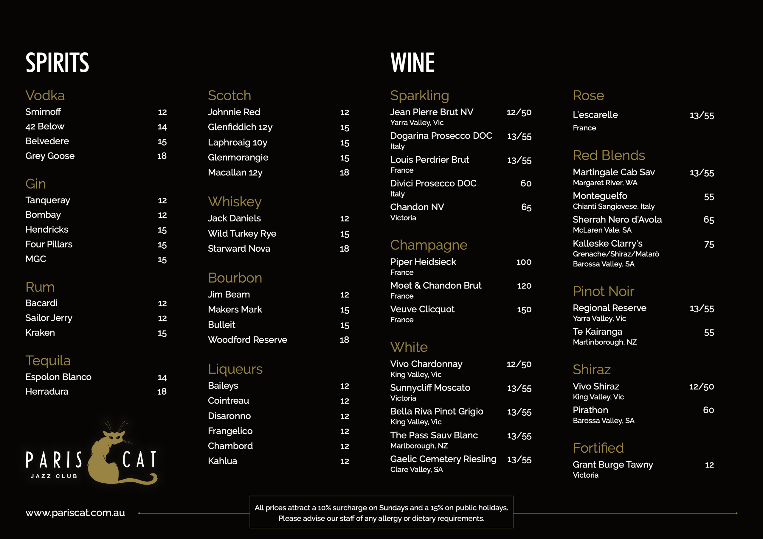 Menu | The Paris Cat Jazz Club