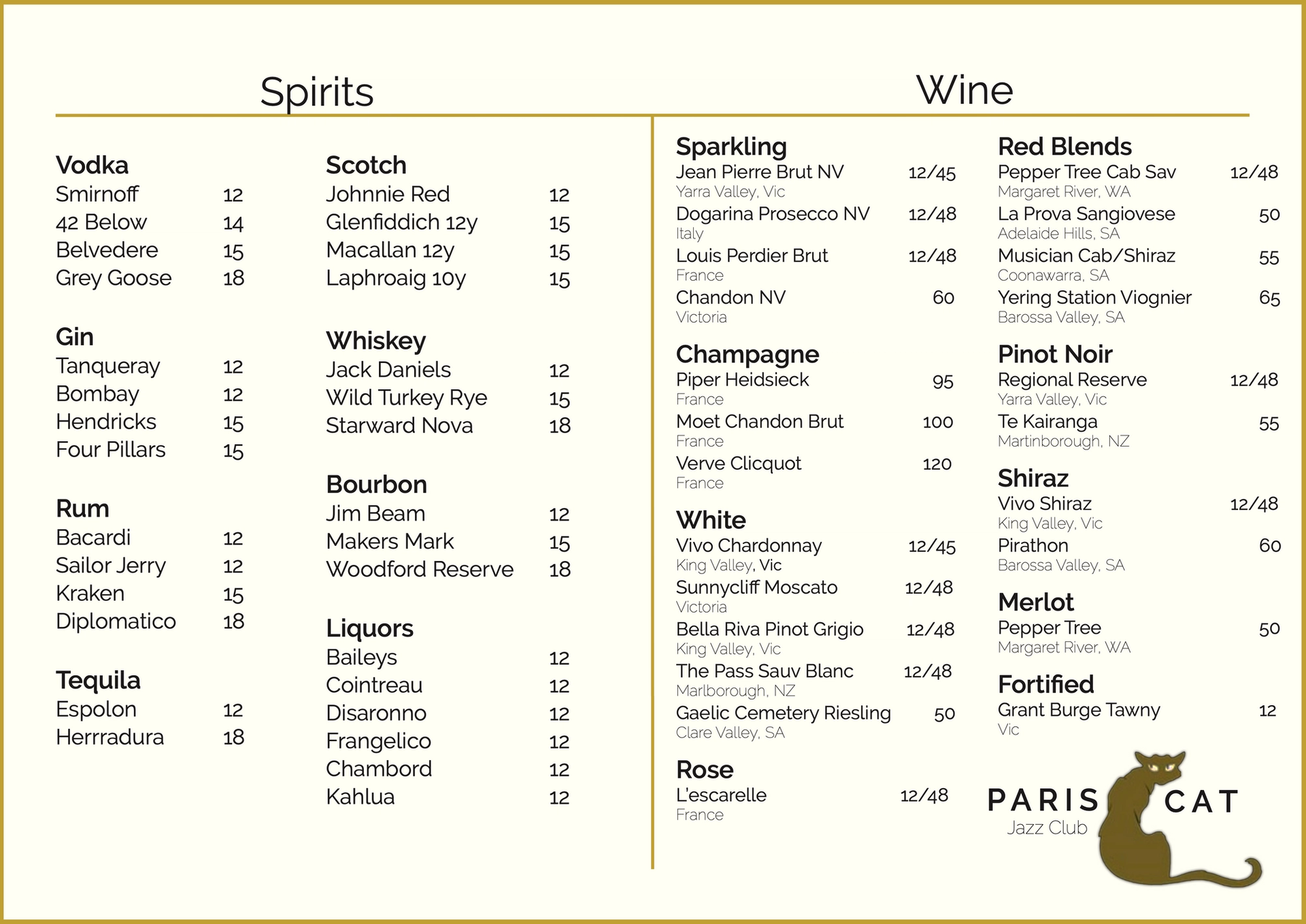 Menu | The Paris Cat Jazz Club