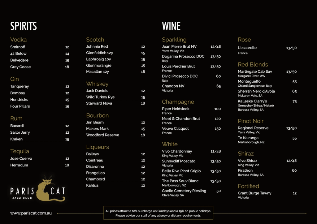 Menu | The Paris Cat Jazz Club