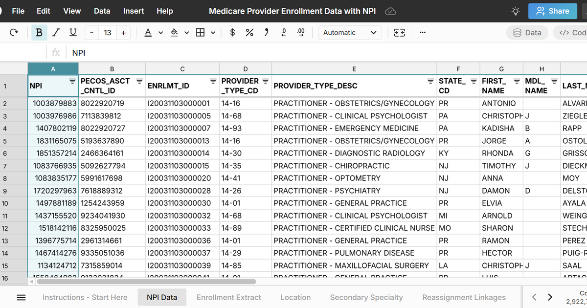 Lookup NPI data in a spreadsheet - Free NPI database - Row Zero – the ...