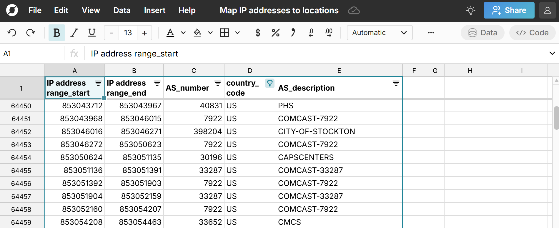 Lookup IP address locations for free in a big spreadsheet - Row Zero ...