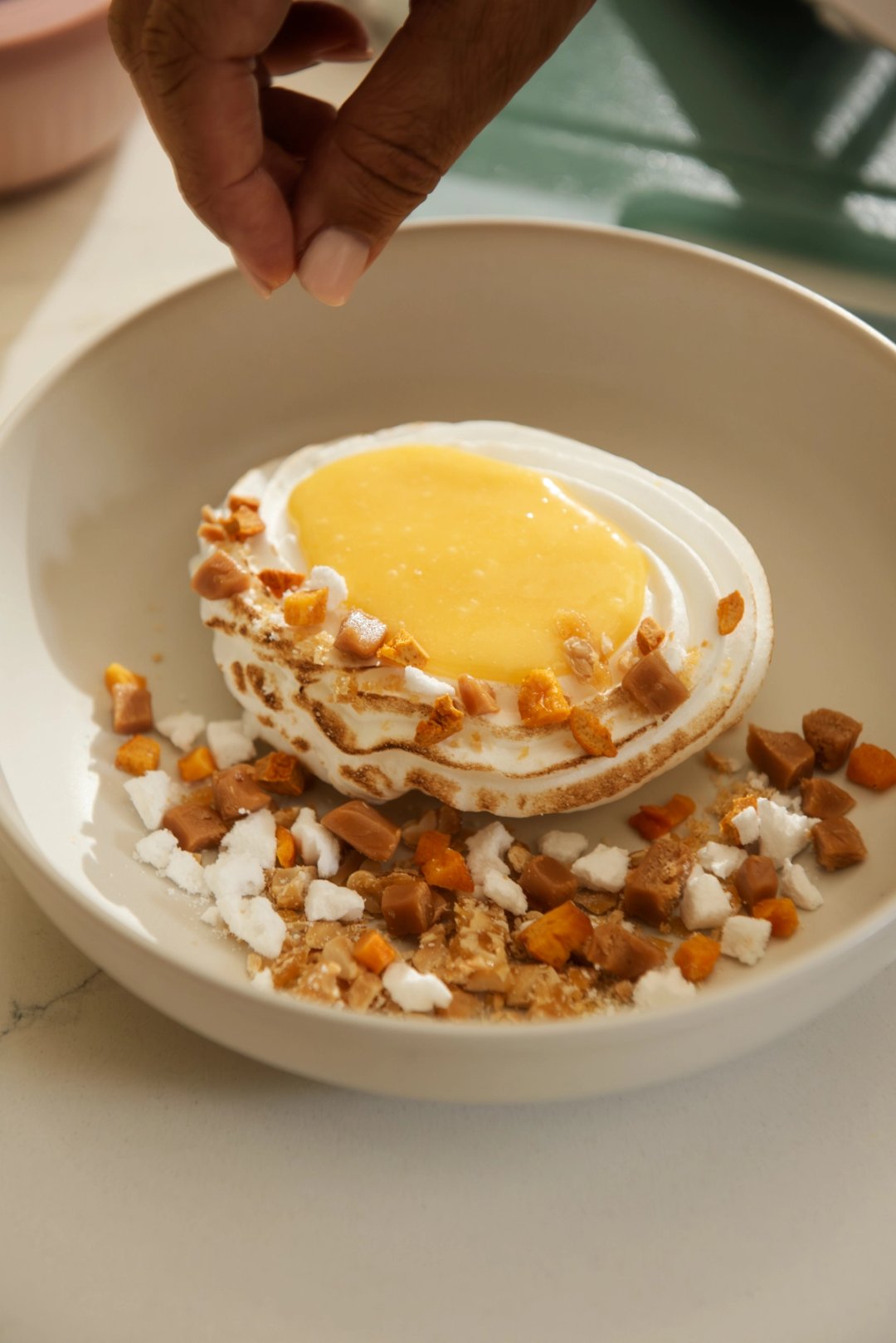 Italian Meringue Nest with Lemon Curd and Fruit Crumble | @home