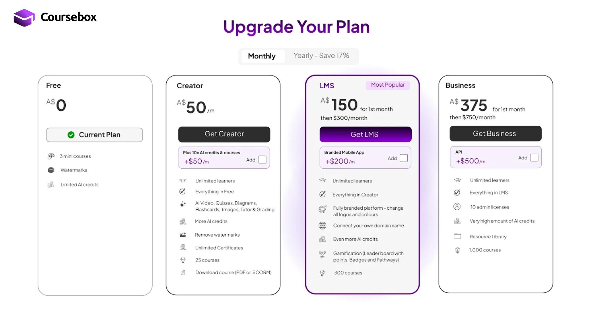 AI Course Creator & LMS Pricing - Start Free, Scale Fast | Coursebox