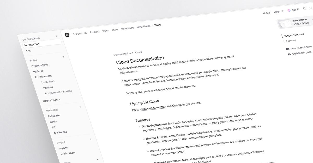 Medusa - Announcing Cloud Documentation