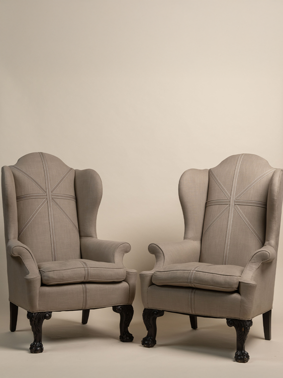 Grey Upholstered Stripe Wing Chair | Ken Fulk