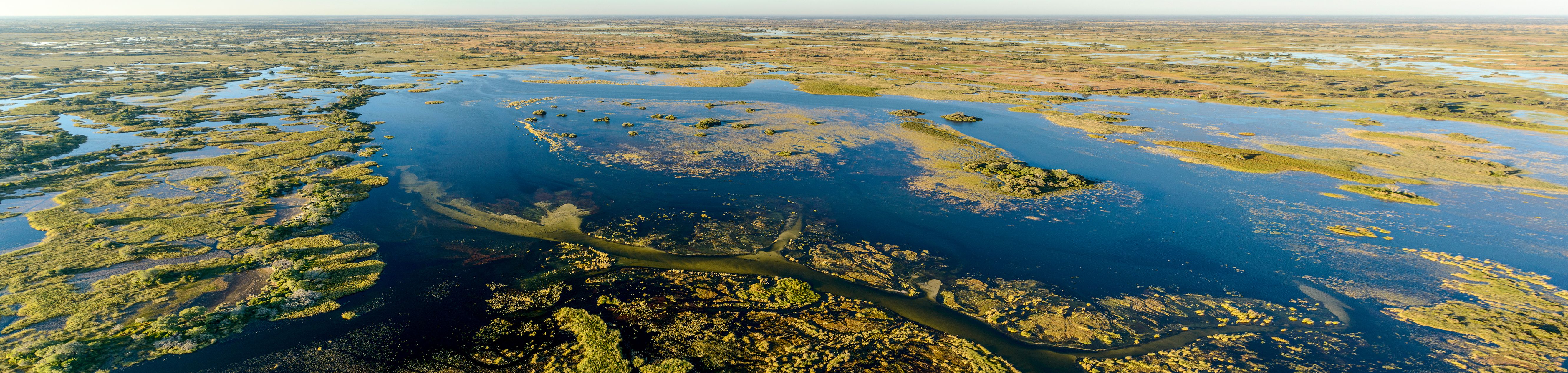 an aerial view of a large body of water surrounded by trees .