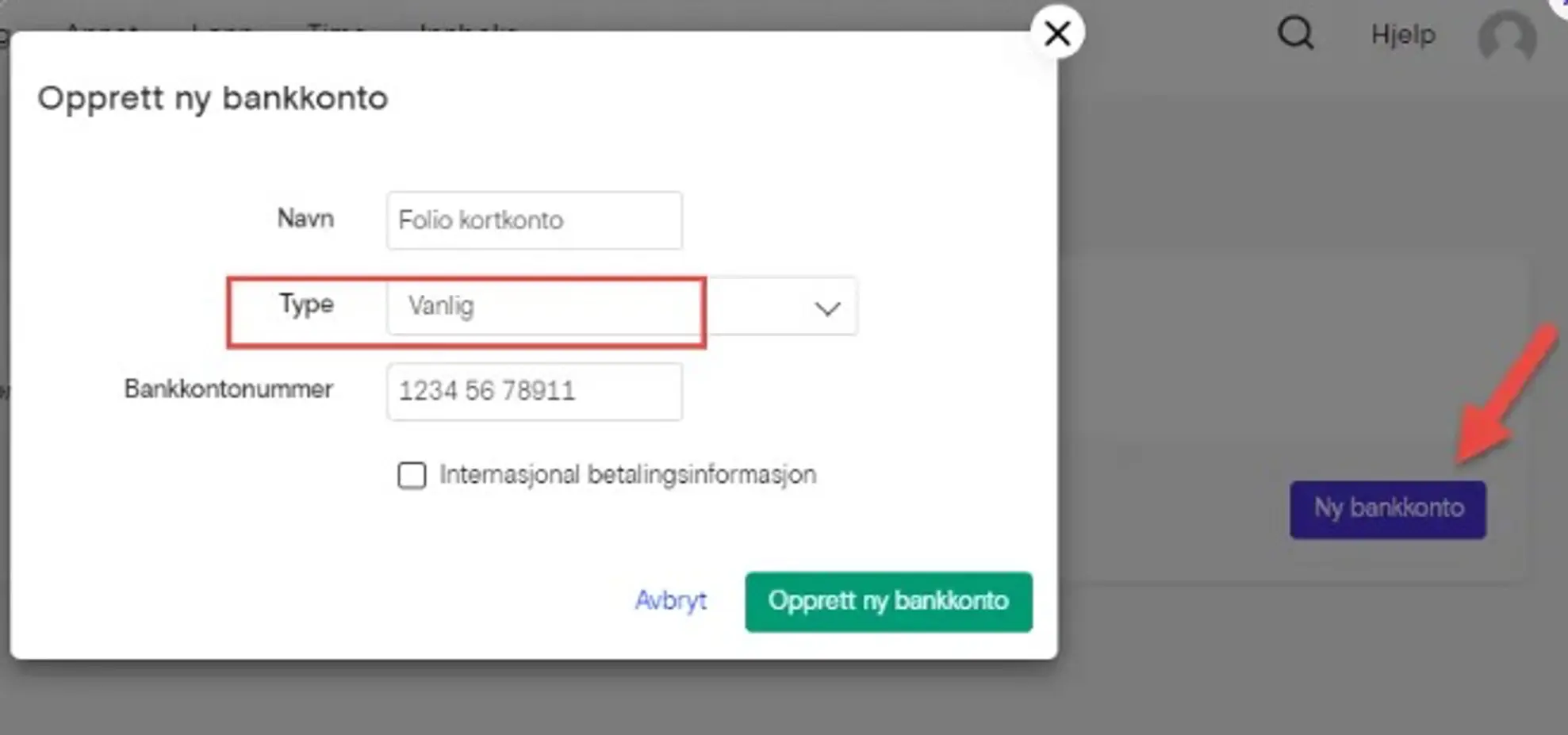 4. Gå tilbake til Foretak → Bankkontoer og sett kredittkortkontoen som ...