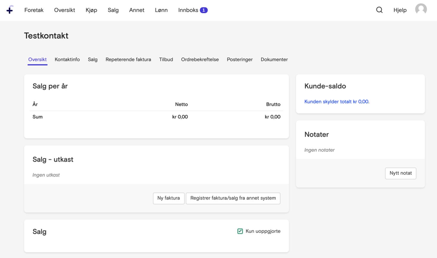 Skjermbilde i Fiken som viser hvordan oversiktssiden for en kunde eller ...