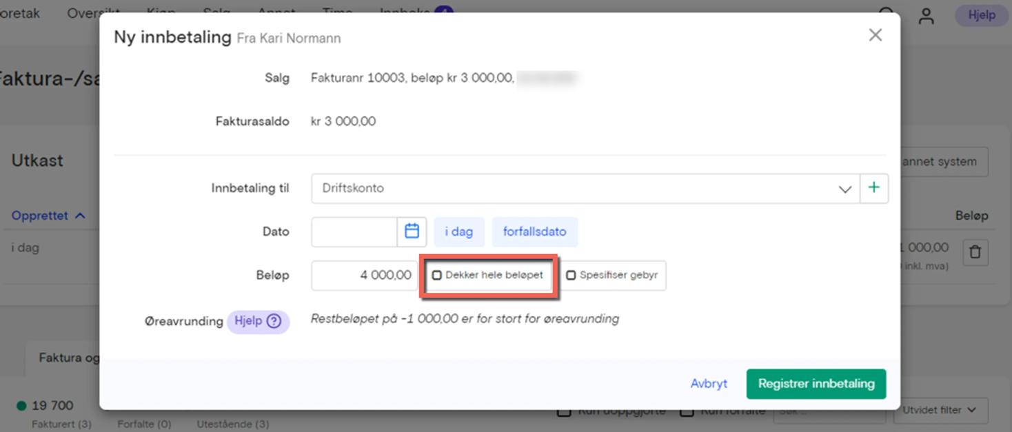 Skjermbilde i Fiken som viser hvordan du registrerer betaling som ikke ...